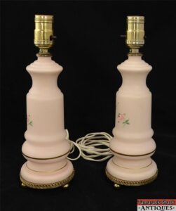 Pair of Pink Satin Glass Night Stand Girls Electric Lamps Footed Wavy ...