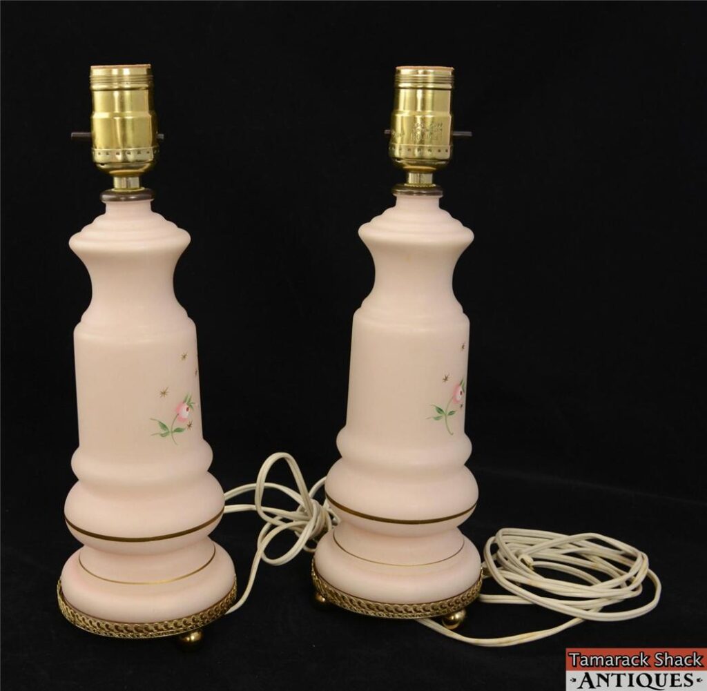 Pair of Pink Satin Glass Night Stand Girls Electric Lamps Footed Wavy ...