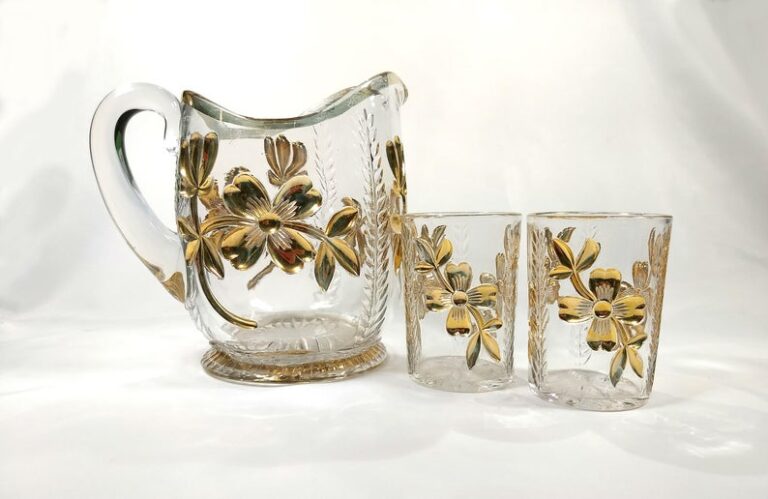 Vintage 3 Piece Clear Gilded Gold Four Leaf Flower EAPG? Pattern ...
