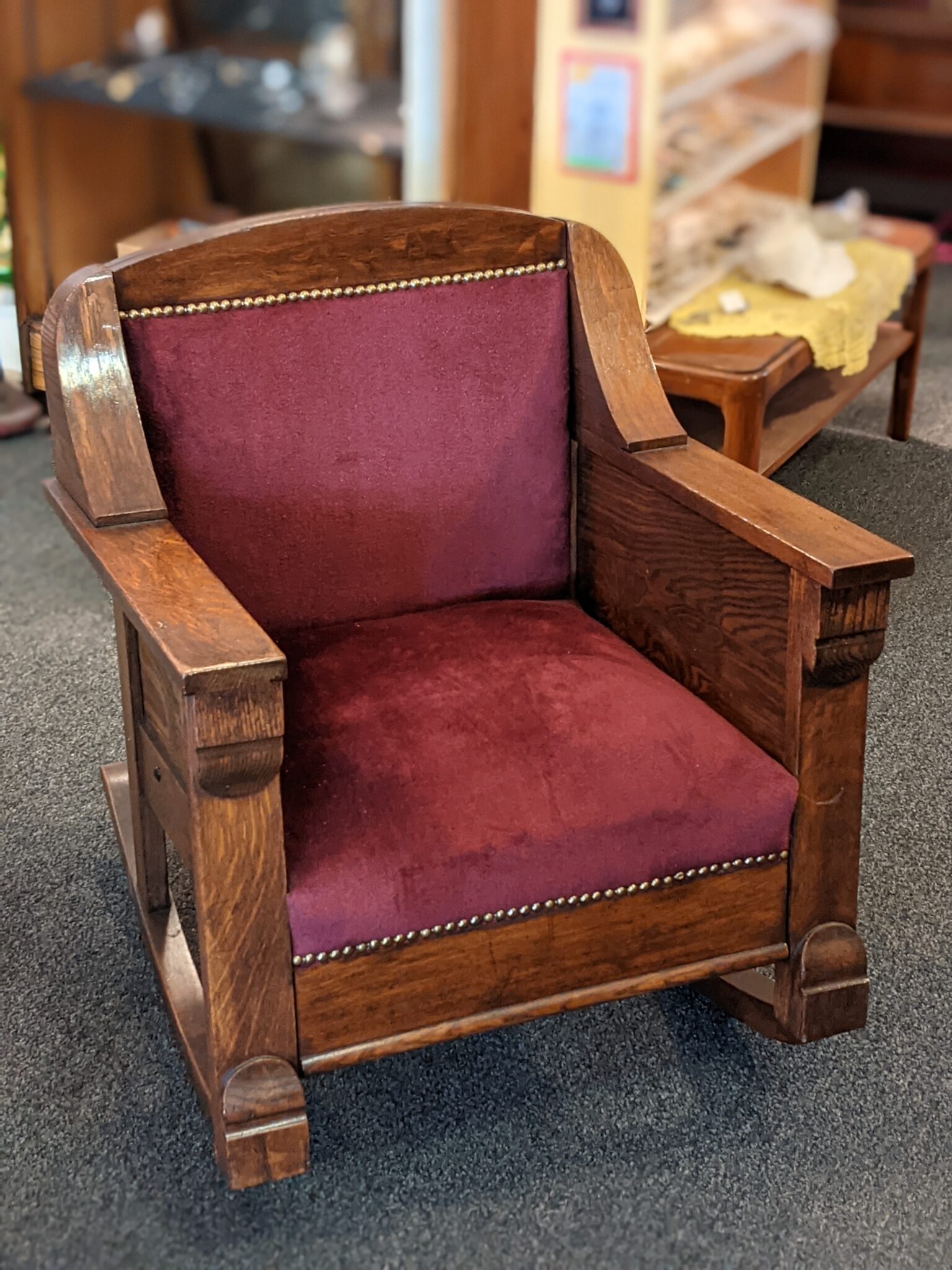 Antique Oak Empire Style Cube Rocking Chair | Low Riding | Burgundy ...