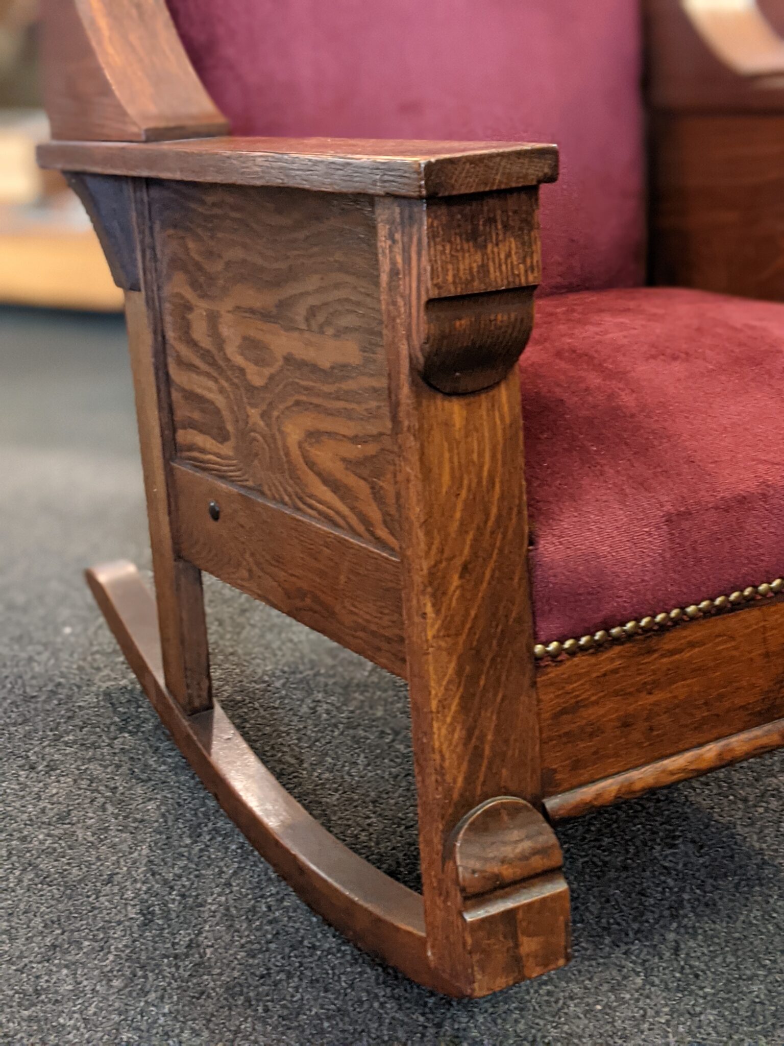 Antique Oak Empire Style Cube Rocking Chair | Low Riding | Burgundy ...