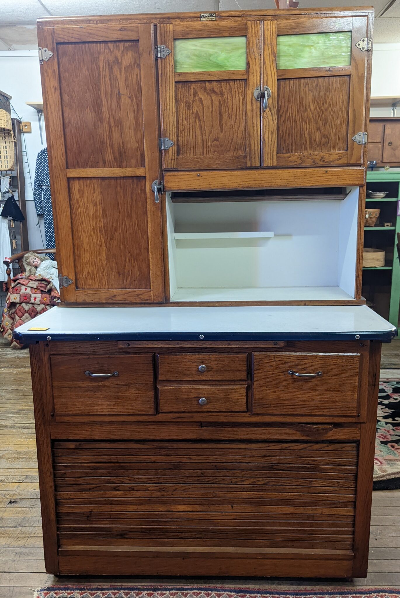 Oak Hoosier Cabinet with Green Slag Glass | Complete | 1920s | Flour ...