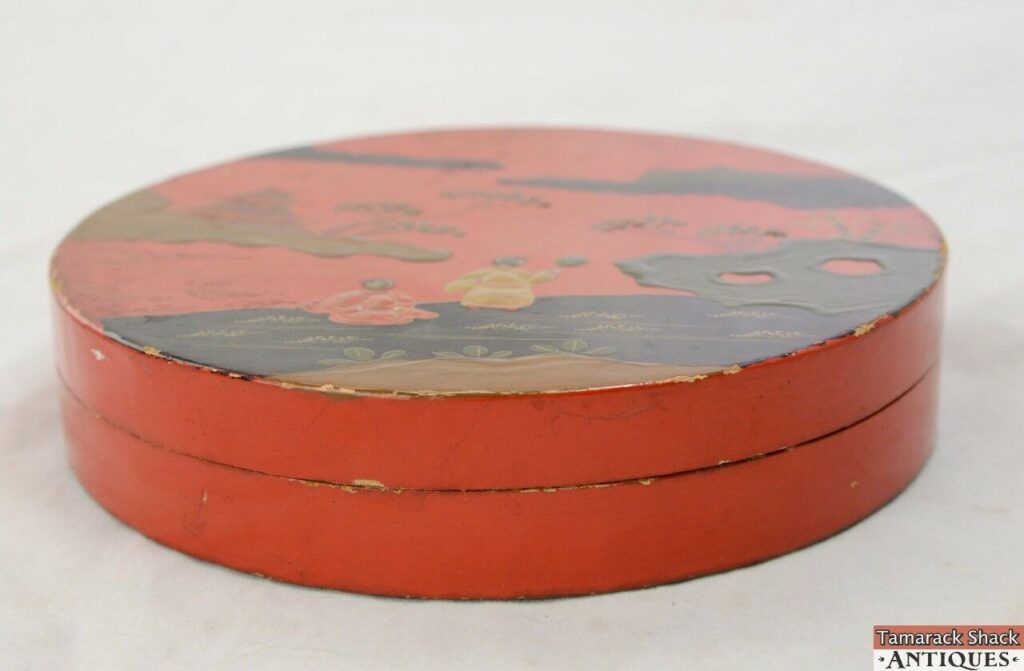 Round Wood Trinket Box Hand Painted Enamel Women Red Trees Leaves Made ...