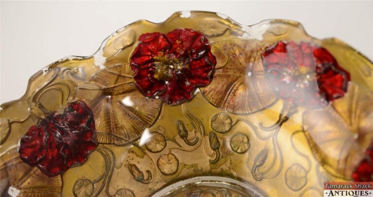 Morning Glory Goofus Glass Intaglio Red Gold 9" Footed Bowl Antique ...