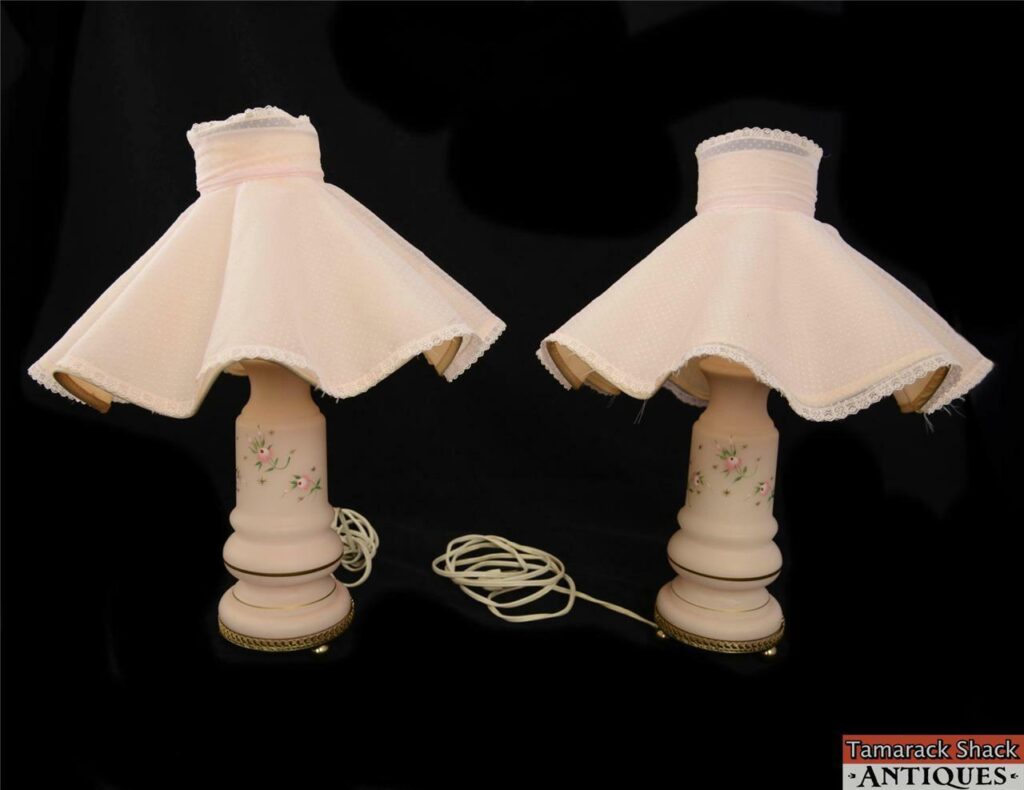 Pair of Pink Satin Glass Night Stand Girls Electric Lamps Footed Wavy ...
