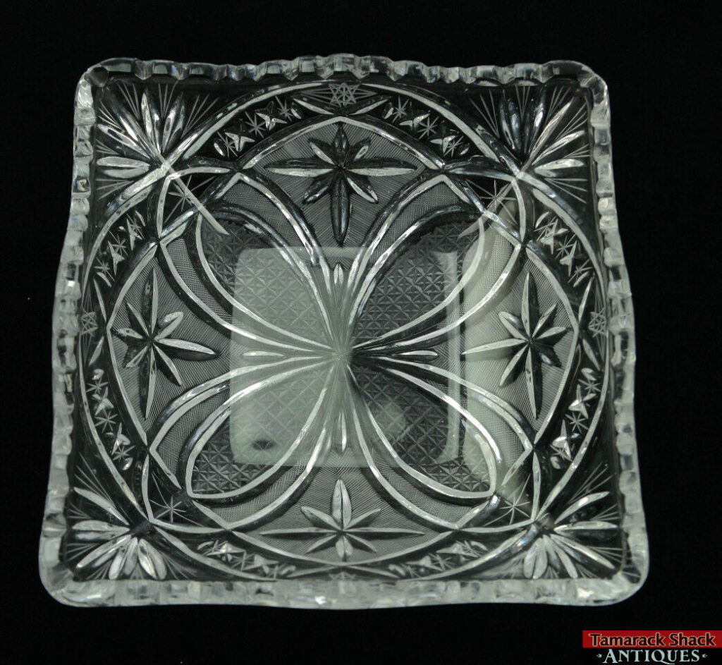 VTG Square Clear Fine Crystal Bowl w/ Sawtooth Rim Cut Glass Stars ...