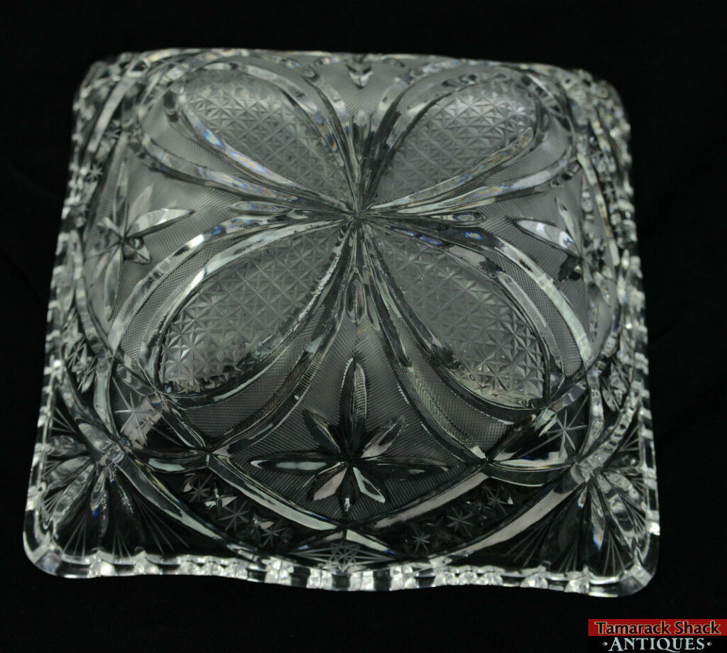 VTG Square Clear Fine Crystal Bowl w/ Sawtooth Rim Cut Glass Stars ...