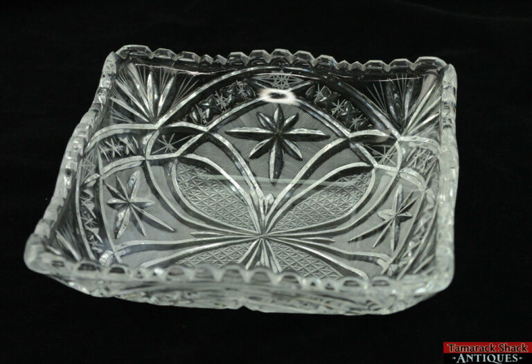 VTG Square Clear Fine Crystal Bowl w/ Sawtooth Rim Cut Glass Stars ...