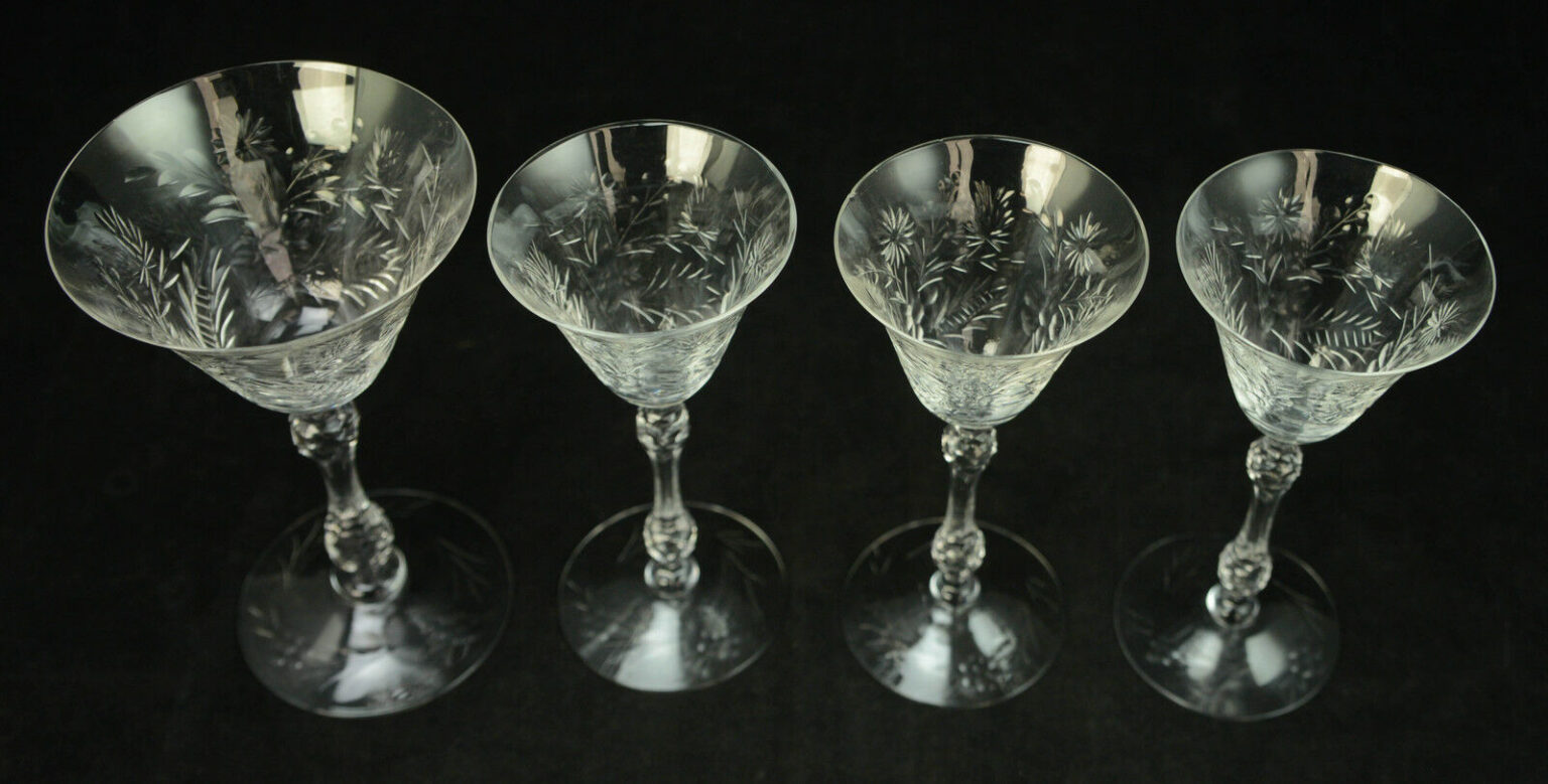 Vintage 4 pc Delicate Flower Etched Cut (Fostoria?) Wine Water Goblets ...