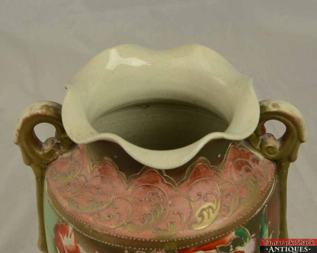 Large Vintage Asian Pottery Ruffle Rim Handles Raised Gild Poppies Vase ...