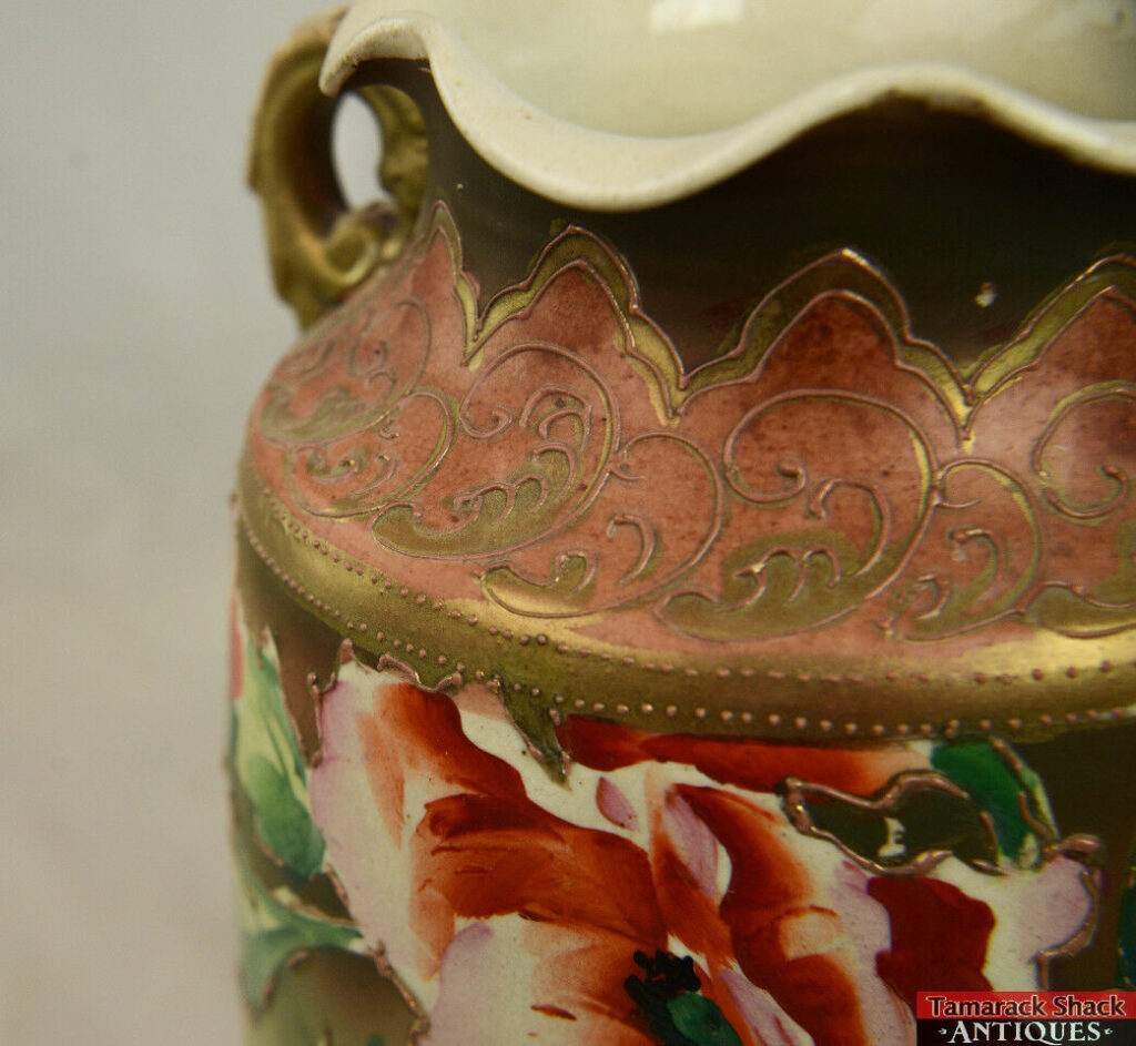 Large Vintage Asian Pottery Ruffle Rim Handles Raised Gild Poppies Vase ...