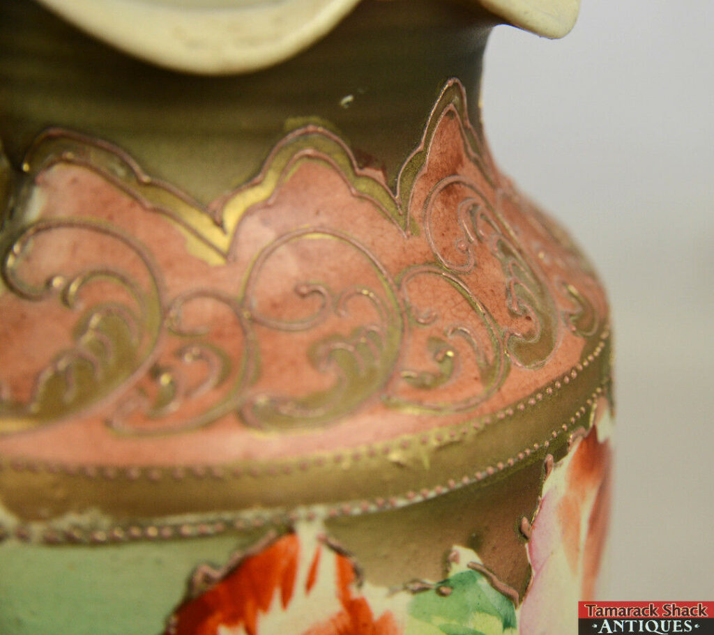 Large Vintage Asian Pottery Ruffle Rim Handles Raised Gild Poppies Vase ...