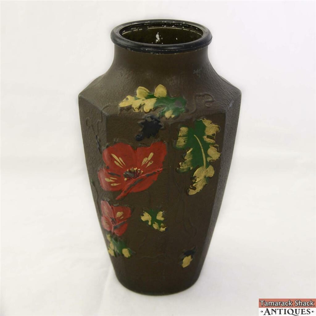 Red Poppy Spring Black Goofus Glass Vase Indiana Antique Rare Octagon 9 ...