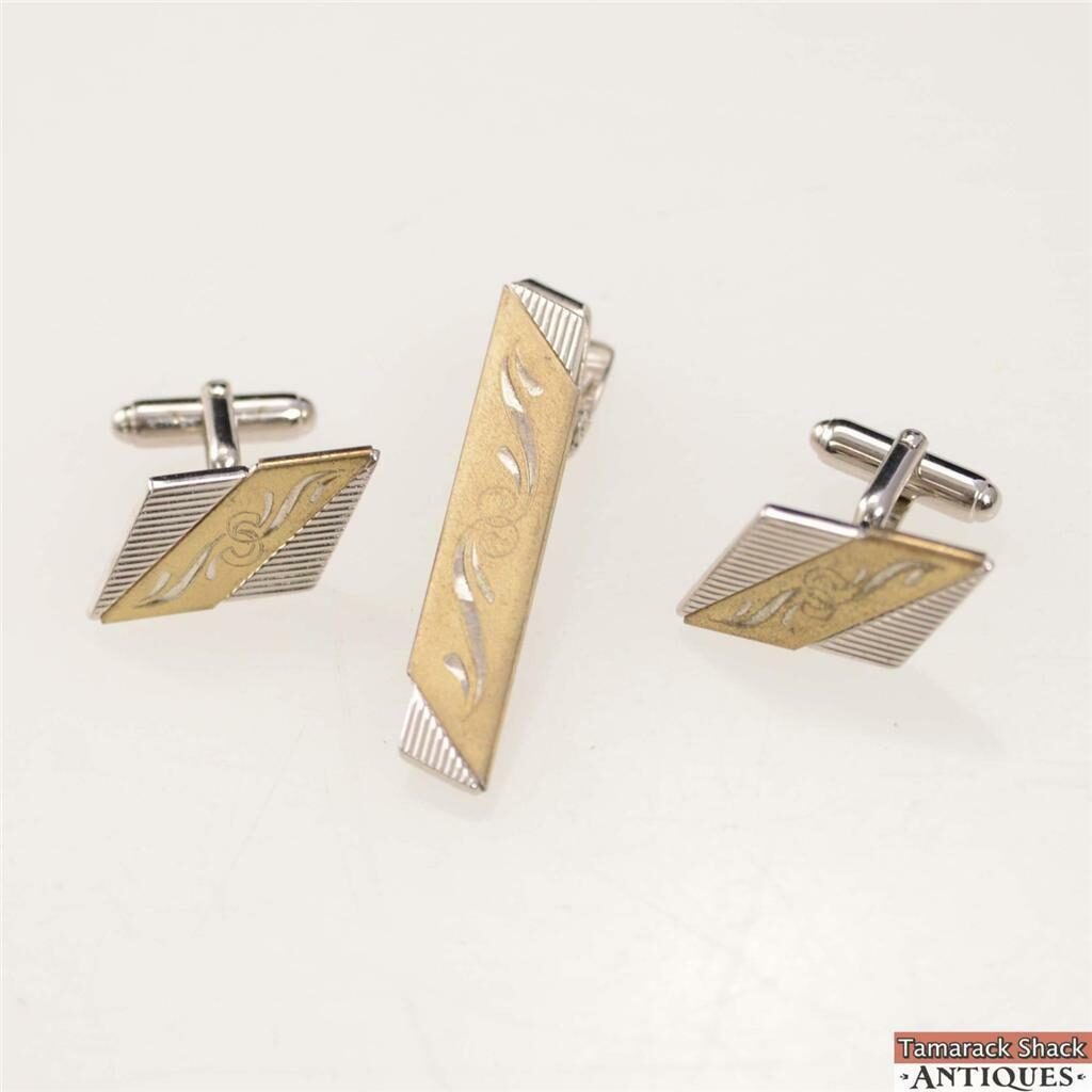 Signed Anson Vintage Two Toned Etched Design Men’s Cuff Links and Tie ...