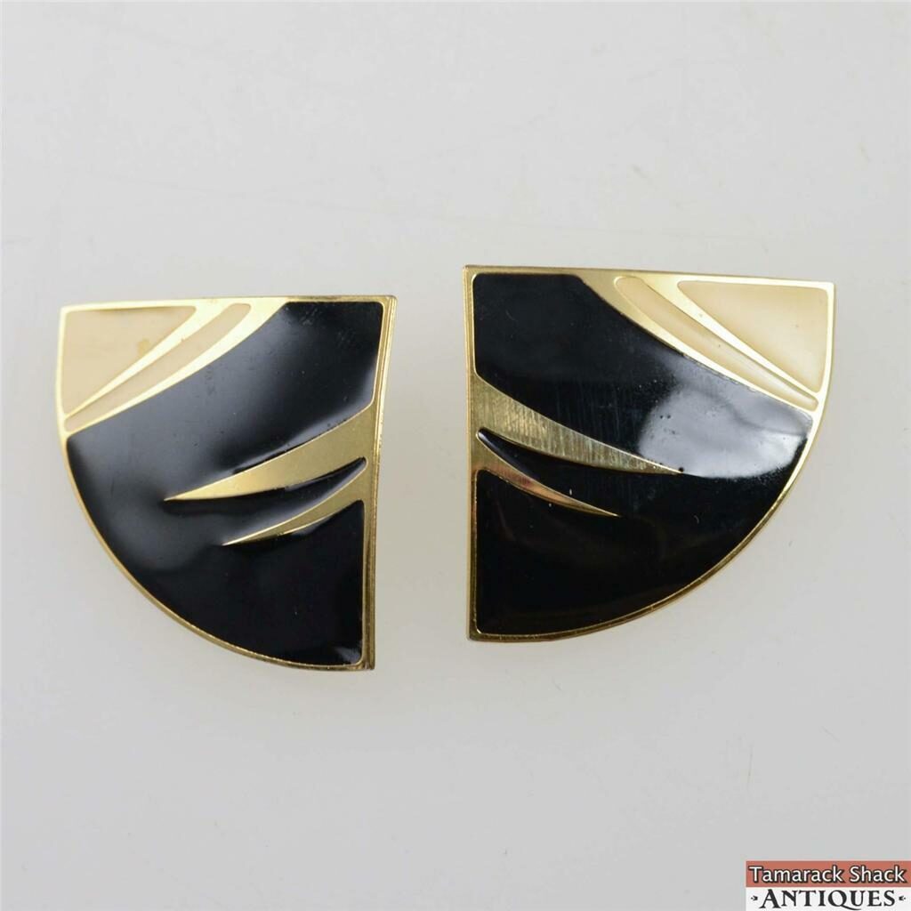 Pair of Gold Tone Enamel Pierced Post Fashion Earrings Black Off White ...