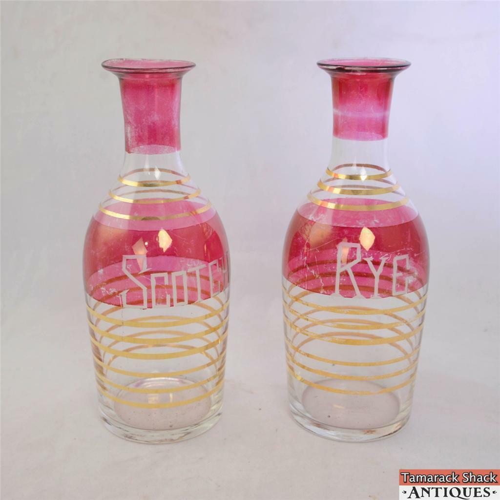 Set of 2 Scotch & Rye Cranberry Glass Gilded Decanters Matching Labeled ...
