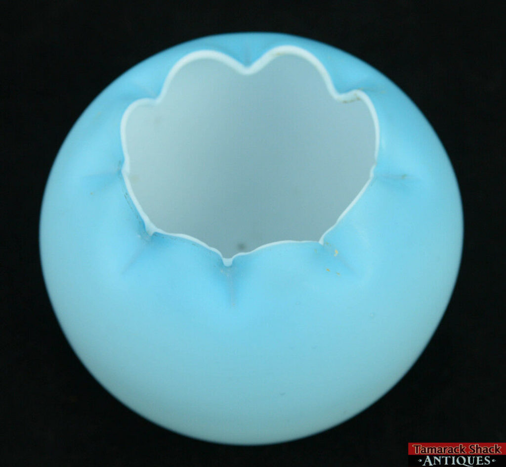 Antique Victorian Light Blue Cased Satin Glass Rose Bowl Crimped White ...