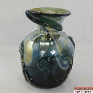 Signed Gary Loch 1982 Art Glass Vase Dark Blue Iridescent Swirls Funky ...