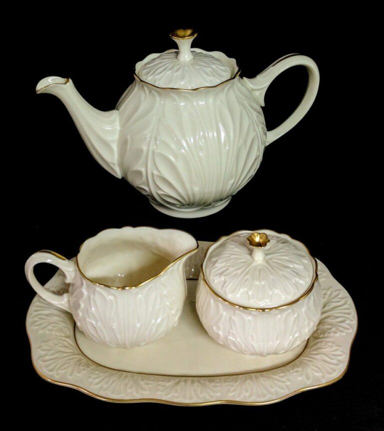 Lenox Cottage Collection Teapot Creamer Sugar Tray Lids Cream Gold Gilt ...