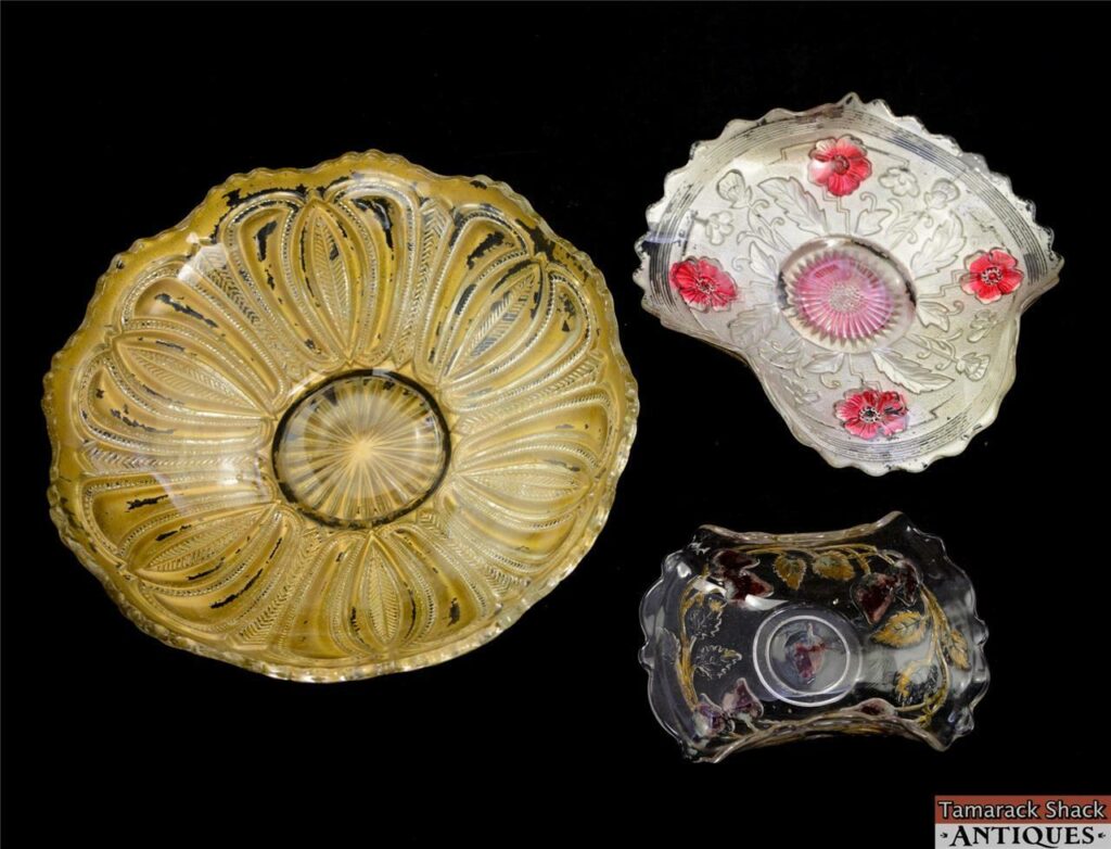 Lot 3 Goofus Glass Intaglio Red Gold Silver Antique Plates Flower ...