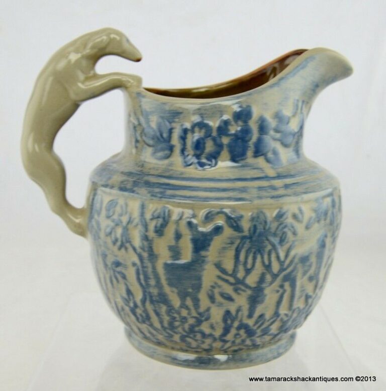 Studio Pottery Hound Dog Handle Stag Deer Big Buck Pitcher Gray & Blue ...