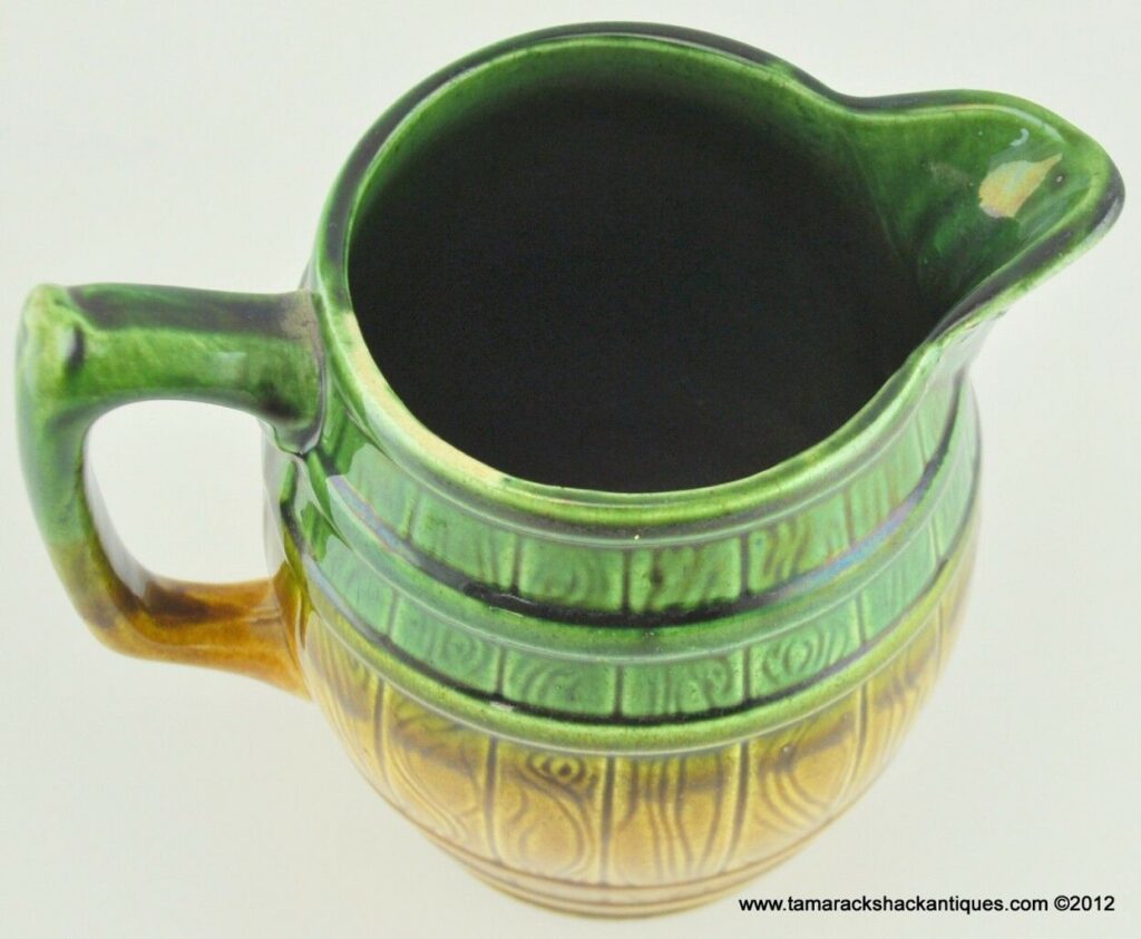 Vintage Green & Brown Stoneware Pitcher England Barrel Design 6" Tall ...