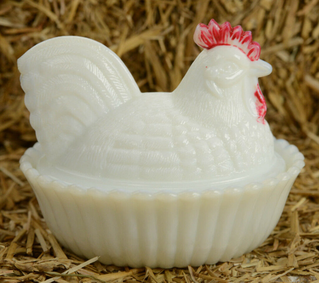 Westmoreland White Milk Glass Slag Glass Rooster Hen On Nest Dish Split ...