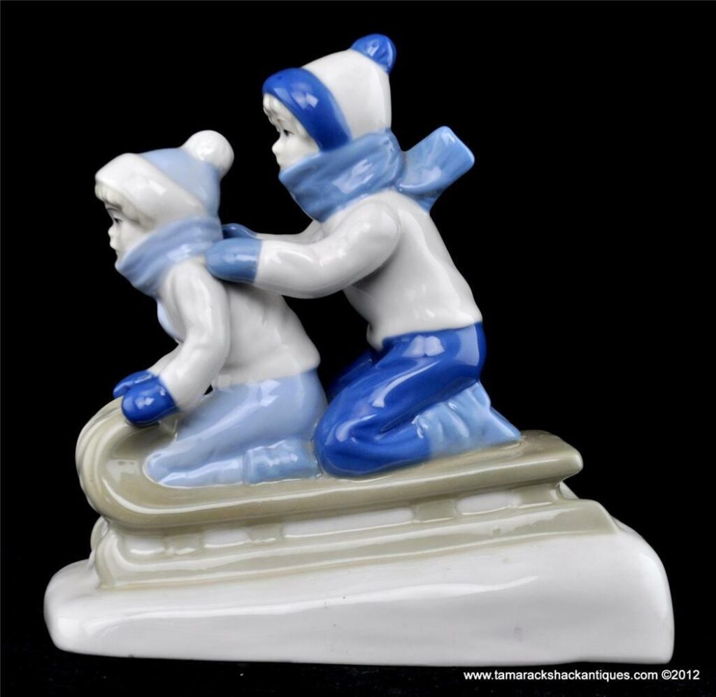 1992 Porcelain Kids Sledding Paul Sebastian Snow Runner Sled Blue White ...