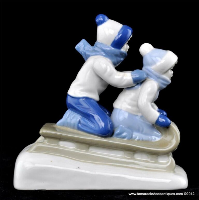 1992 Porcelain Kids Sledding Paul Sebastian Snow Runner Sled Blue White ...
