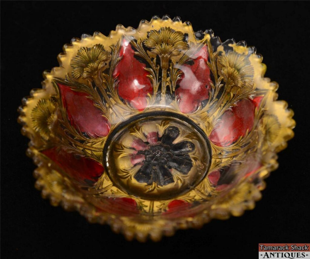 La Belle "Carnation" Goofus Glass Intaglio Red Gold 6" Bowl Antique ...