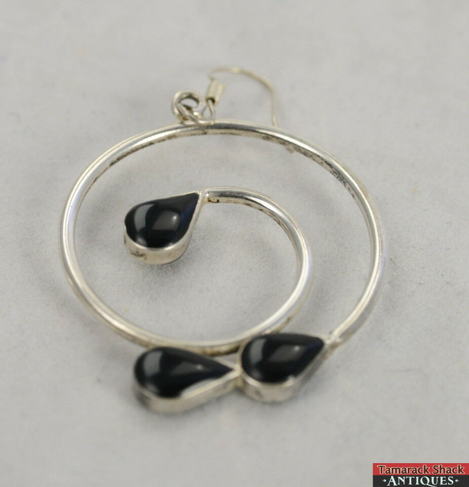 VTG 1970s-80 Retro Earrings Sterling Silver Hoops w/ Onyx Teardrop ...