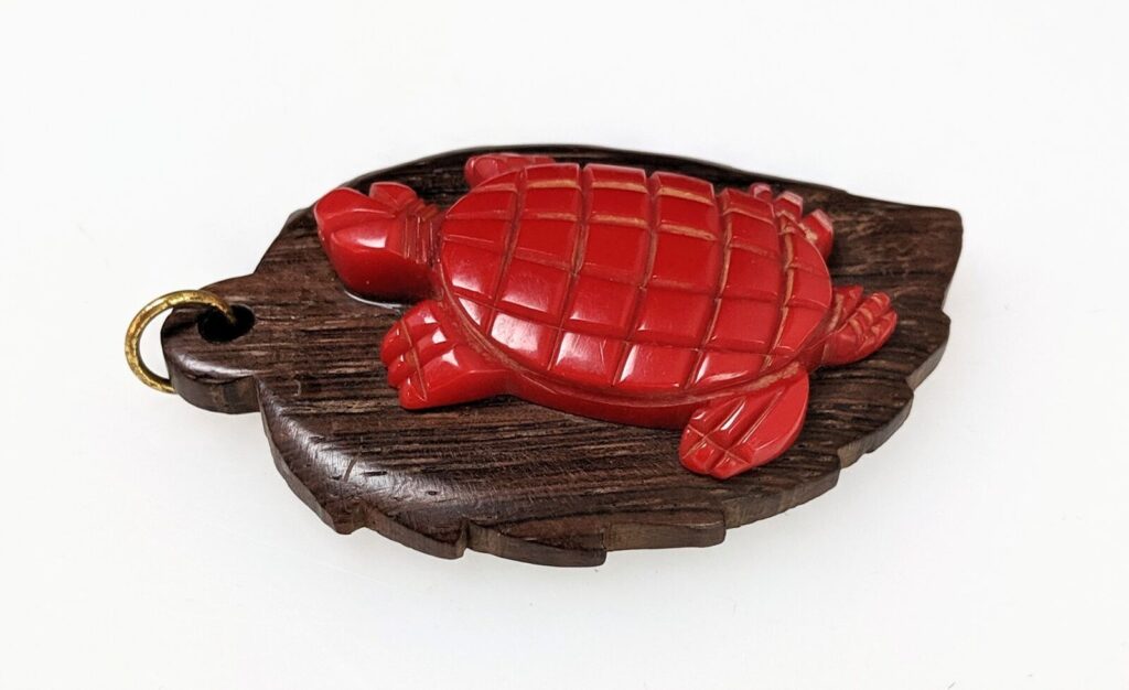 Vintage c1930s-40s Red Carved Bakelite Turtle on Wood Leaf Back Pendant ...