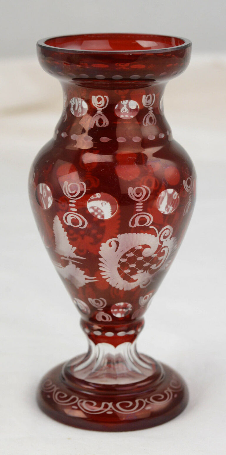 Vtg Bohemian Egerman Ruby Red Cut to Clear Etched Glass Bird / Castle ...
