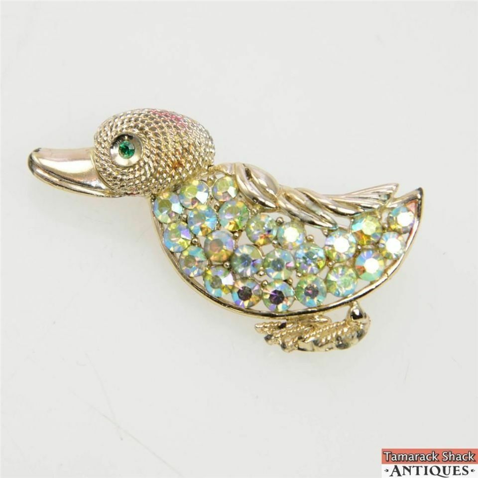 Vintage Signed CORO Silver Toned Rhinstone Duck Water Fowl Animal Pin ...